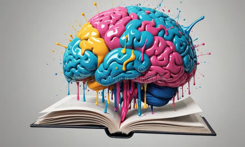 3D Colorful Brain Emerges from Open Book, with Paint Dripping Down Its ...
