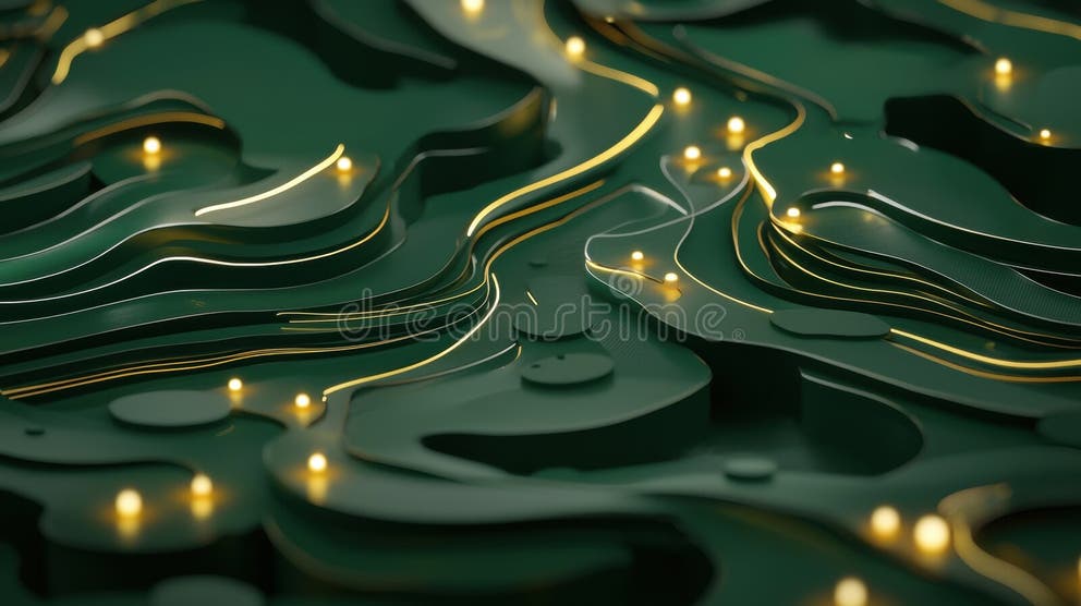 A 3D Rendering of a Dark Green, Textured Surface with Gold Lines and ...