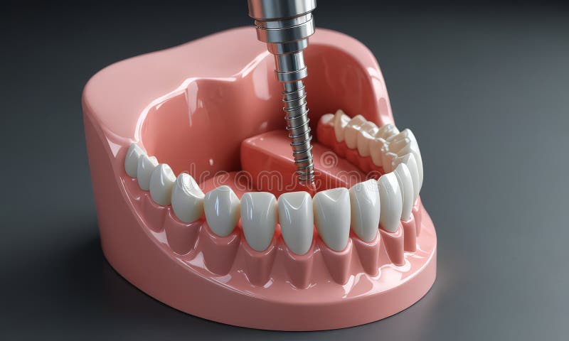 3D Dental Model with Drill Inserted into Tooth, Set Against Gray ...
