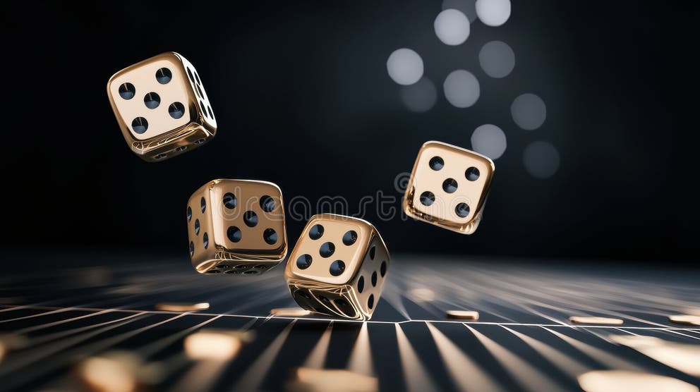 A 3D Rendering of a Game of Dice with Gold Faces and Black Numbers ...