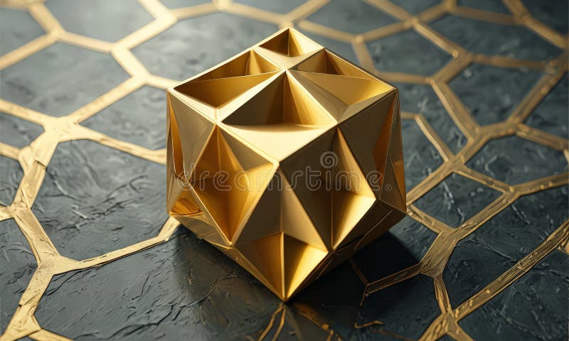 Golden Cube-shaped Object with Geometric Pattern Sits on Dark, Textured ...