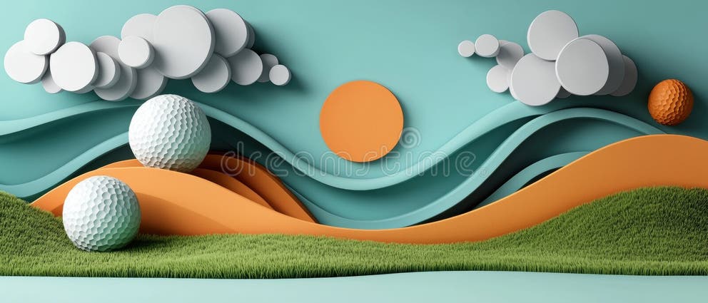 A 3D Rendering of a Golf Course with a Sun, Clouds, and Golf Balls ...