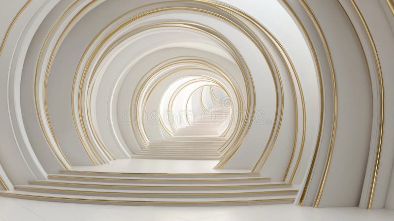 A White Corridor with Gold Accents and a Staircase Leading To the Top ...