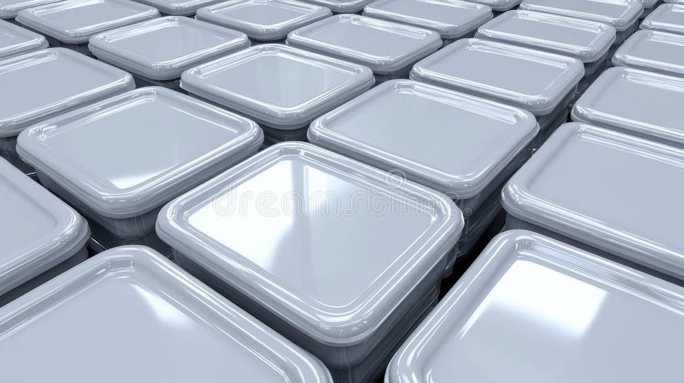A 3D Rendering of a Grid of White Plastic Containers with Rounded ...