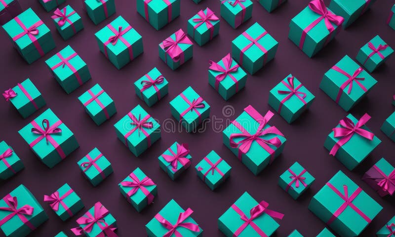 3D Grid Turquoise Gift Boxes with Pink Bows, Arranged in Visually ...