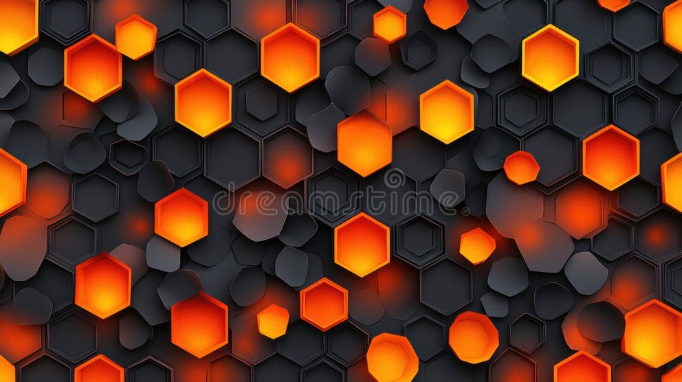 A 3D Rendering of a Honeycomb Pattern with Orange and Black Hexagons ...