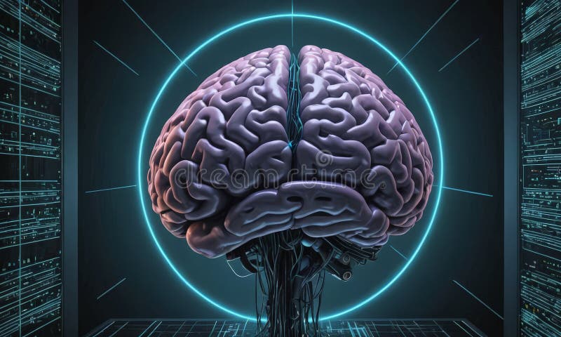 3D Human Brain, Illuminated by Blue Neon Light, is Displayed Against ...