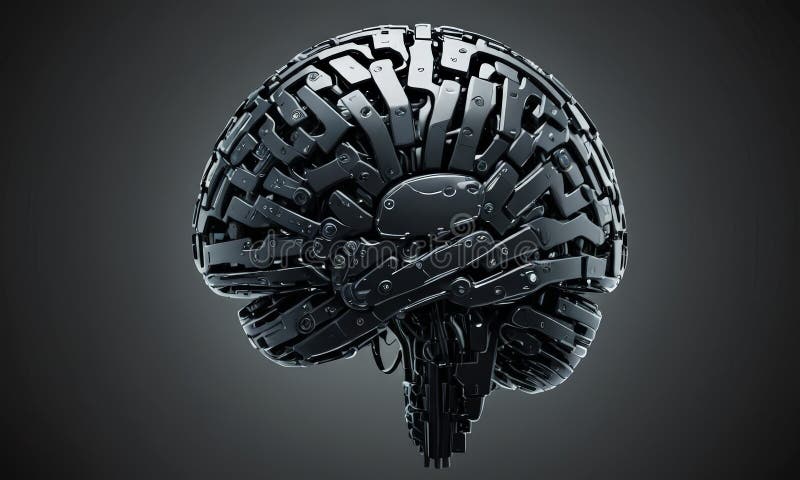 3D Brain, Rendered in Black and Gray, is Depicted Against Dark Gray ...
