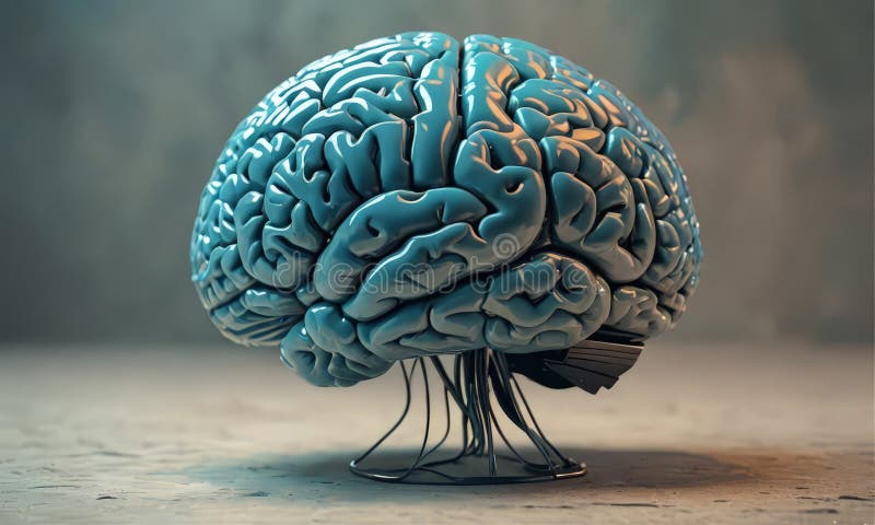 3D Blue Brain, with Intricate Patterns and Textures, Stands on Gray ...