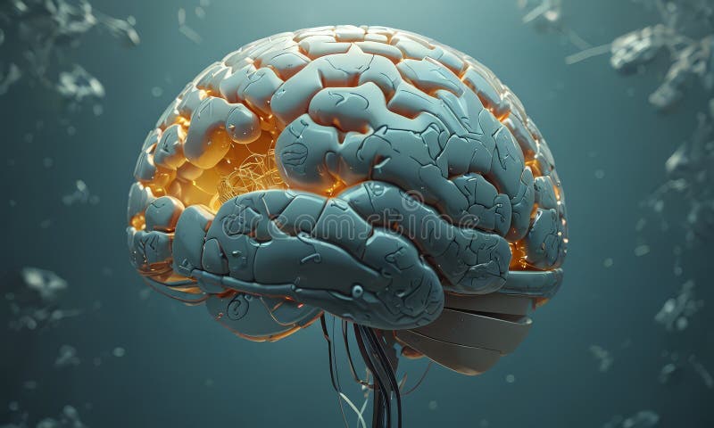 3D Human Brain, with Light Orange Glow on the Left Side, is Depicted ...