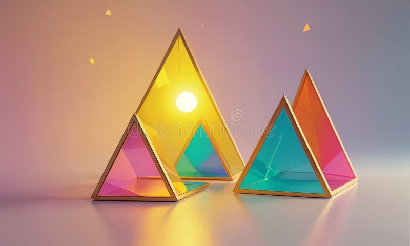 Three Triangular Glass Sculptures, Each with Unique Color and Shape, are Arranged in Triangular ...