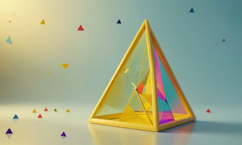 3D Yellow Triangular Prism with Transparent Glass Window, Surrounded by ...