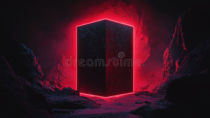 A Dark, Rocky Landscape with a Glowing Red Cube in the Center. Stock ...