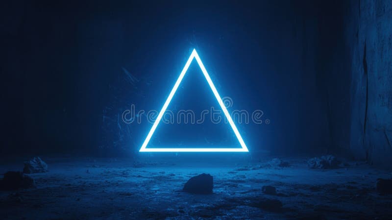 A Blue Neon Triangle is Centered in a Dark Room. Stock Image - Image of ...