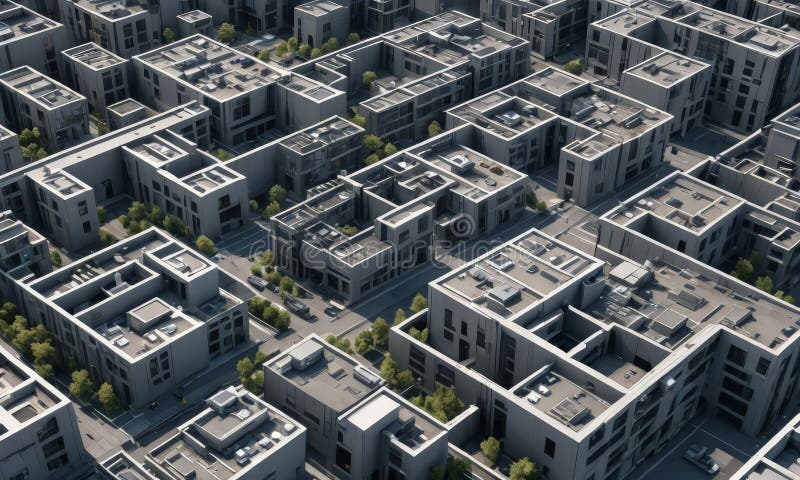 Densely Packed Cityscape with Gray Buildings and Green Trees, Viewed ...