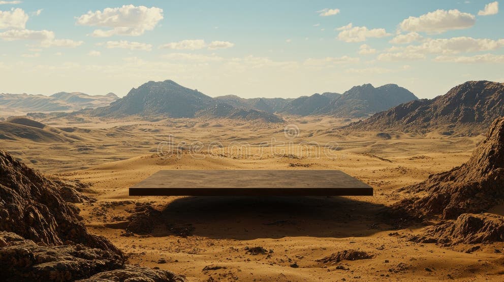 A Desert Landscape with a Large, Dark Rectangular Platform in the ...