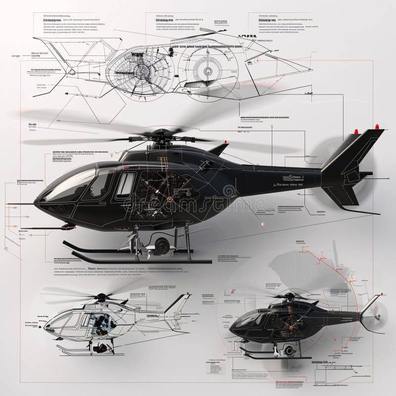 Detailed Technical Blueprint of a Helicopter, Showcasing Various Views ...