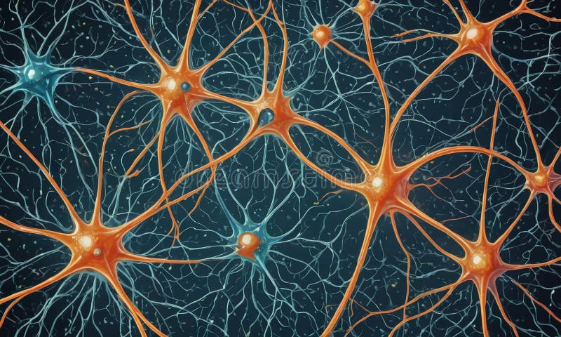 Close-up View Complex Network Orange and Blue-green Colored Brain Cells ...