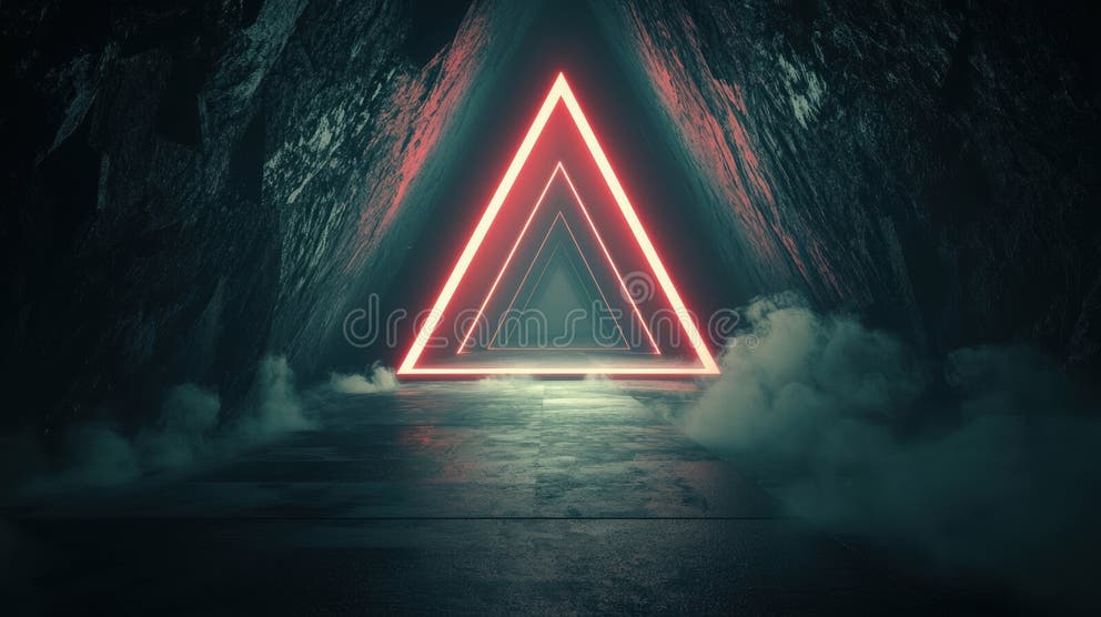 A Red Neon Triangle Illuminates a Dark Tunnel, Casting a Glow on the ...