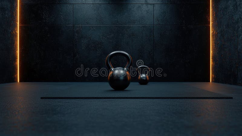 A Dimly Lit Gym with Two Kettlebells and a Yoga Mat. Stock Photo ...