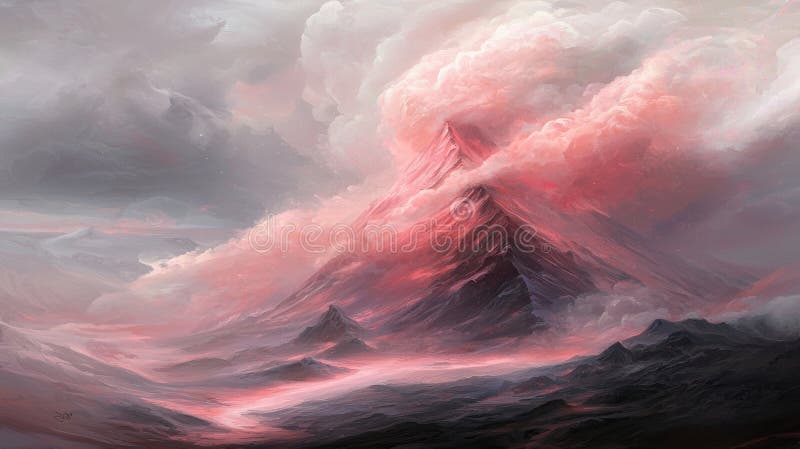 A Dramatic Volcanic Eruption with a Towering Red and Pink Volcano ...