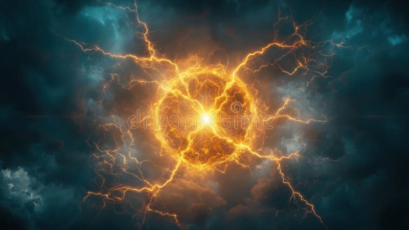 A Powerful Electric Storm with Bright Yellow Lightning Bolts Radiating ...