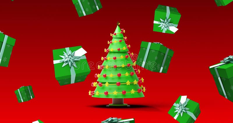 Image of Presents Falling Over Christmas Tree on Red Background Stock ...