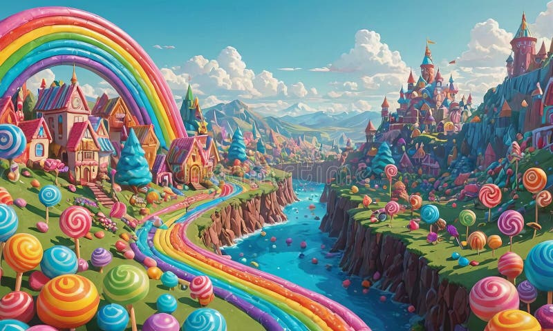 Whimsical, Fantastical Landscape Features Rainbow Arching Over Castle ...
