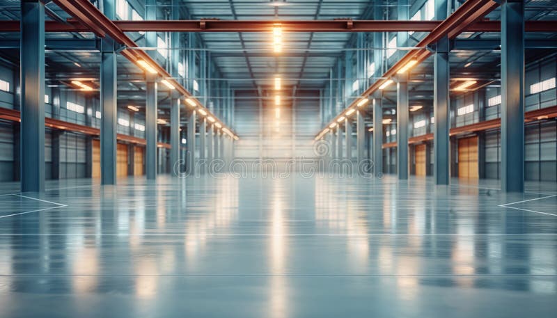 Illuminated Industrial Warehouse Interior with Columns. Stock Image ...