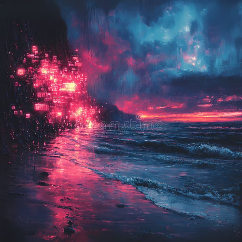 Digital Wave Crashing on a Beach Stock Illustration - Illustration of ...