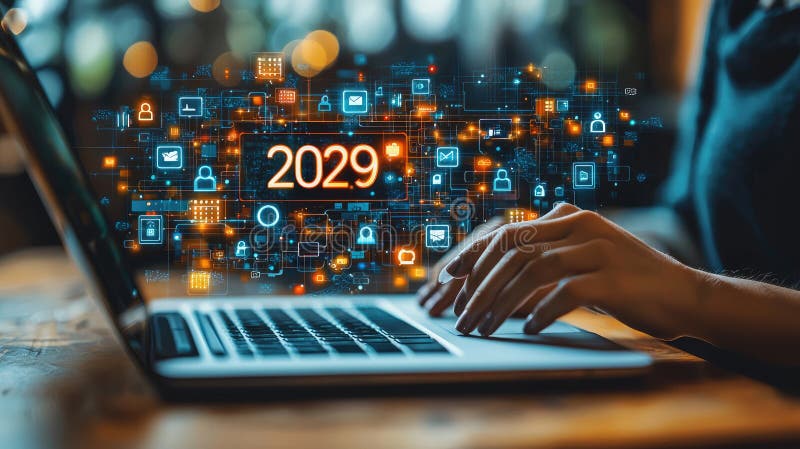 Futuristic 2029 Technology Woman Typing on Laptop with Emerging Digital ...