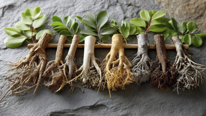 This Image Presents a Meticulously Arranged Gradient of Roots and Herbs ...