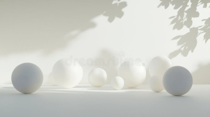 A Minimalist Scene of White Spheres on a White Surface, with a Tree ...