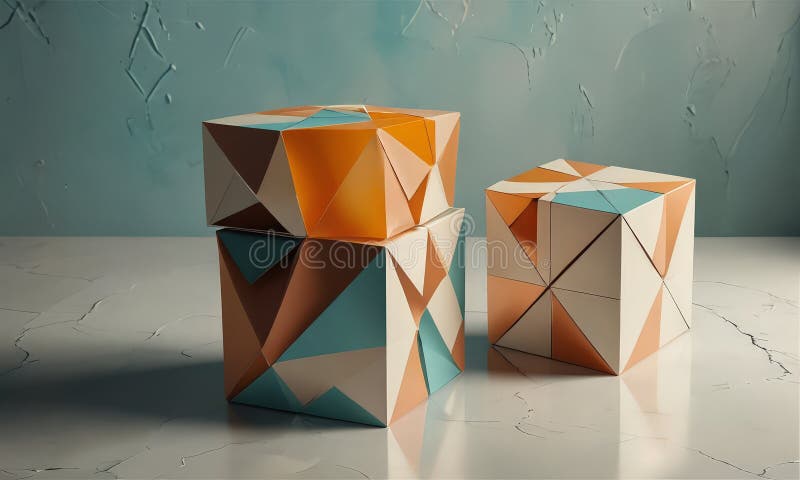 Three Stacked Geometric Boxes in Orange, White, and Blue, with Light ...