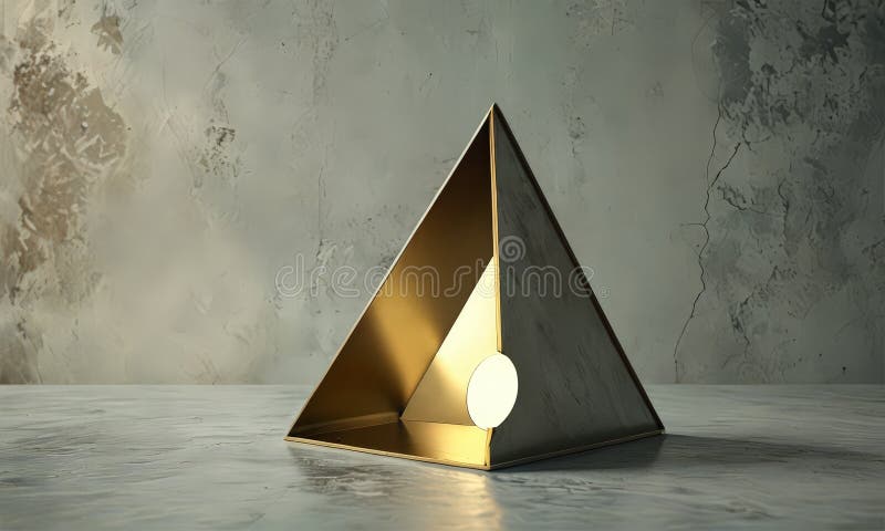 Golden Triangular Sculpture with Small White Circle in the Center is ...