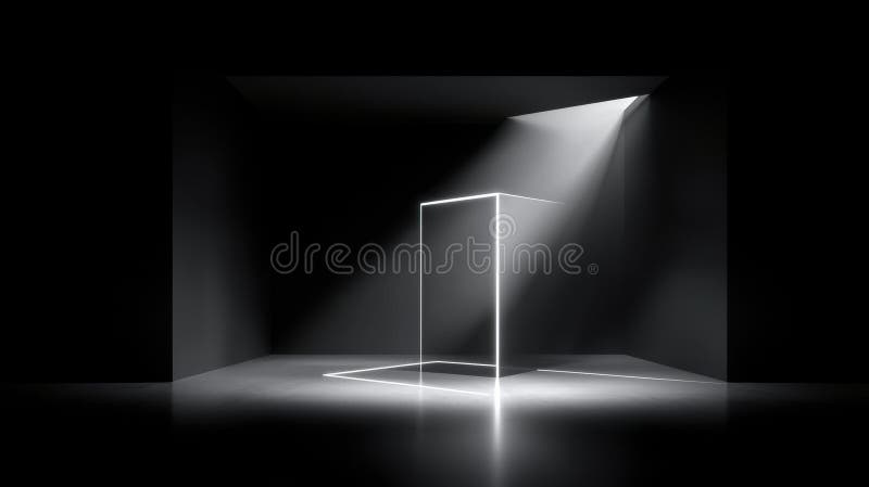 A Minimalist Black and White Room with a White Cube in the Center ...