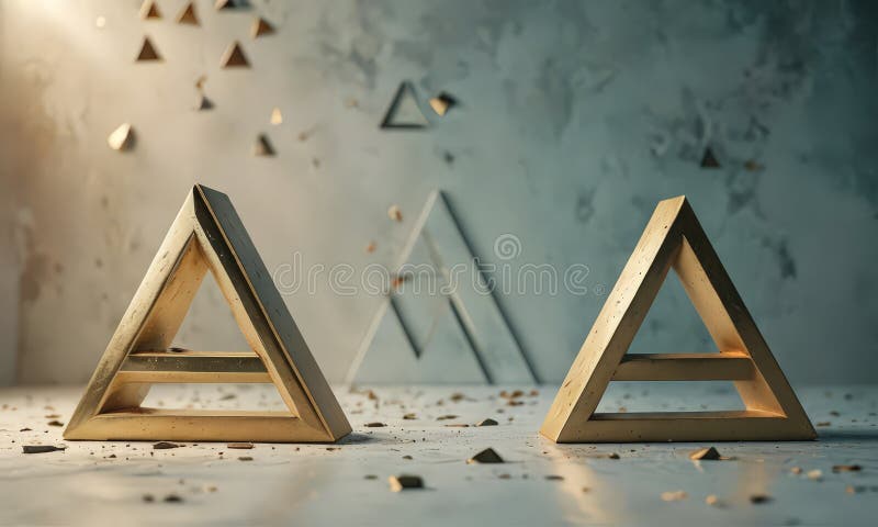 Two Golden Triangles Stand on Gray Floor, with Scattered Rocks and ...