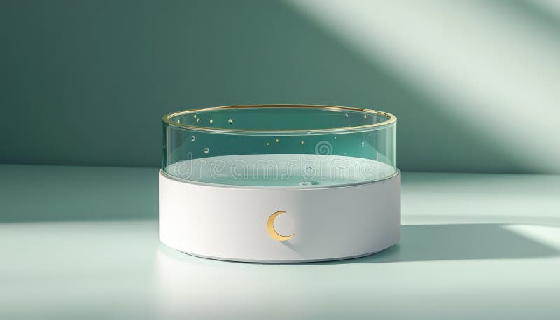 Circular Glass Container with White Base and Golden Crescent Moon Stock ...