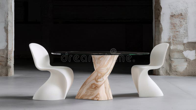 A Modern Dining Table with a Glass Top and a Unique Wooden Base. Stock ...