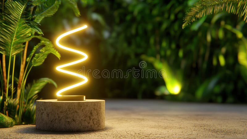 A Modern, Glowing Lamp Sits on a Concrete Base in a Lush, Tropical ...