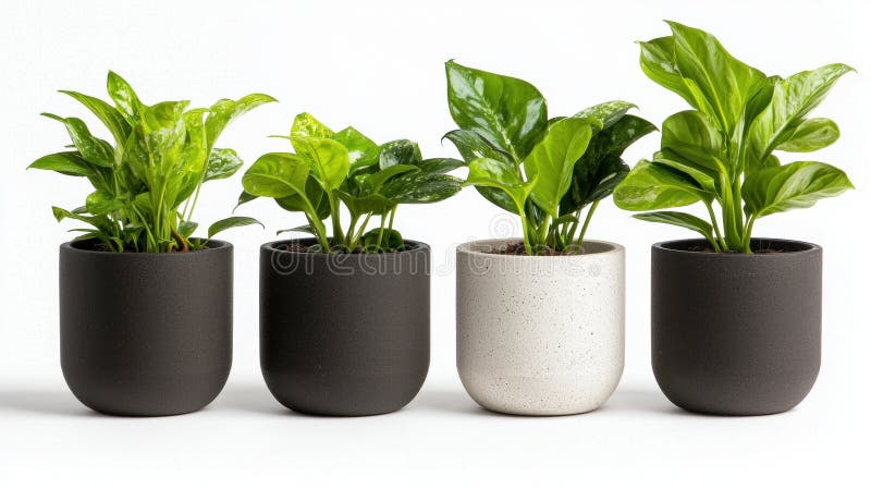 Four Potted Plants of Varying Sizes and Colors Arranged in a Row. Stock ...