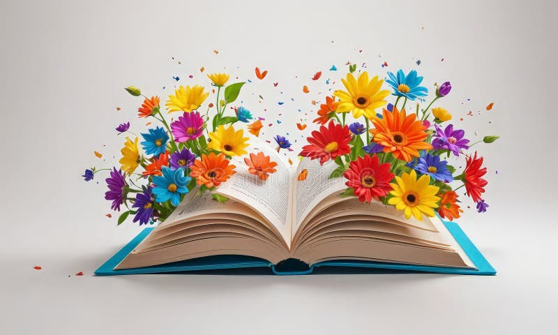 Open Book with Colorful Flowers Sprouting from Its Pages, Set Against ...