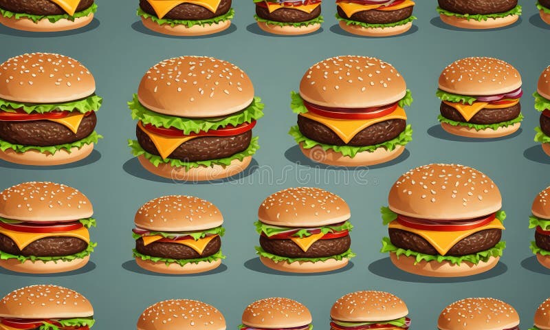 Grid 12 Identical Hamburgers, Each with Sesame Seed Bun, Beef Patty ...