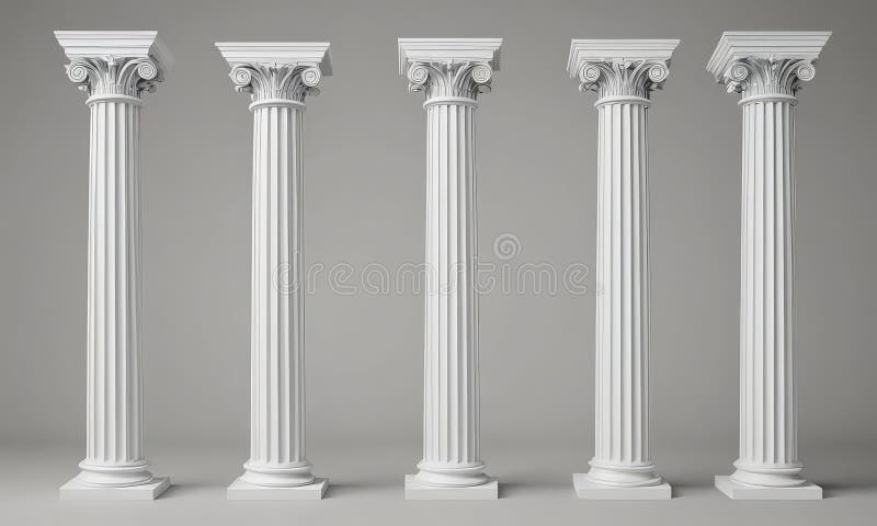 Five Identical White Columns with Square Capitals Stand in Row Against ...