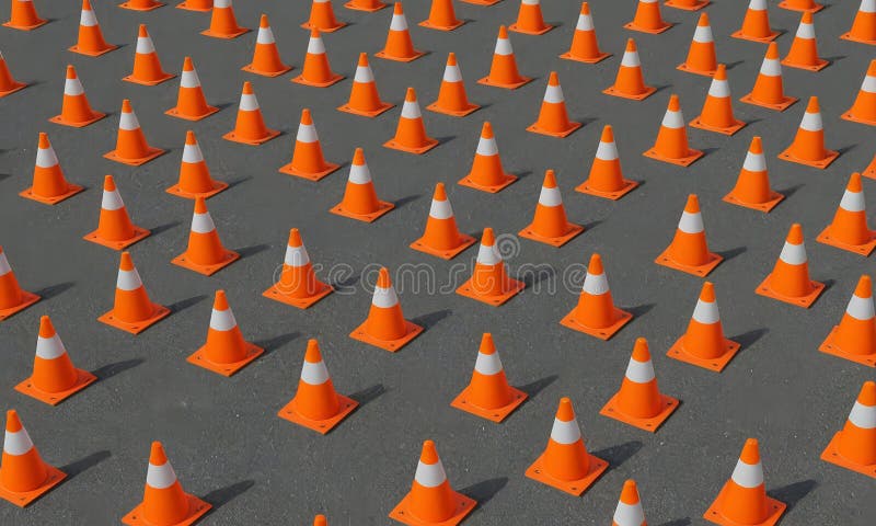 3D Numerous Orange Traffic Cones Arranged in Grid-like Pattern on Gray ...