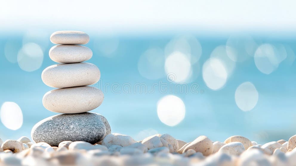 A Serene Beach Scene with a Stack of Five White Pebbles and a Gray Rock ...
