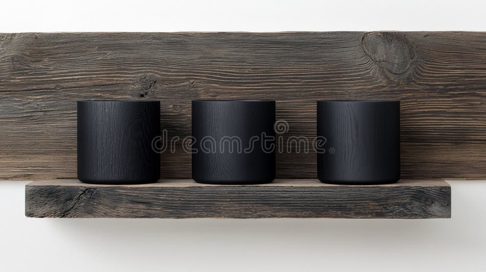 Three Black Cylindrical Objects on a Wooden Shelf. Stock Image - Image ...
