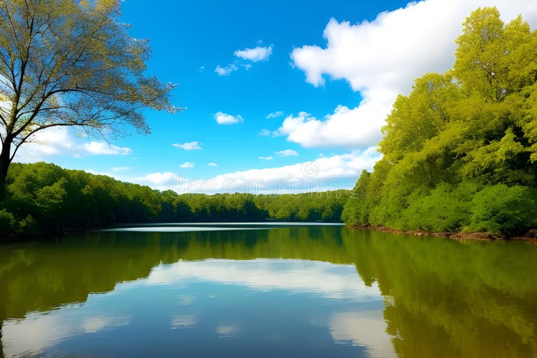 Calm Blue Sky with Still River and Trees on Both Sides Generated by Ai ...