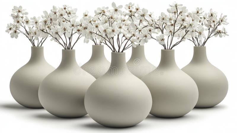 Seven Smooth, Off-white Ceramic Vases Each Holding Delicate White ...