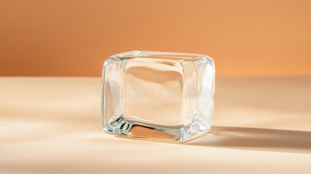 A Clear Glass Cube Sits on a Beige Surface, Casting a Shadow. Stock ...